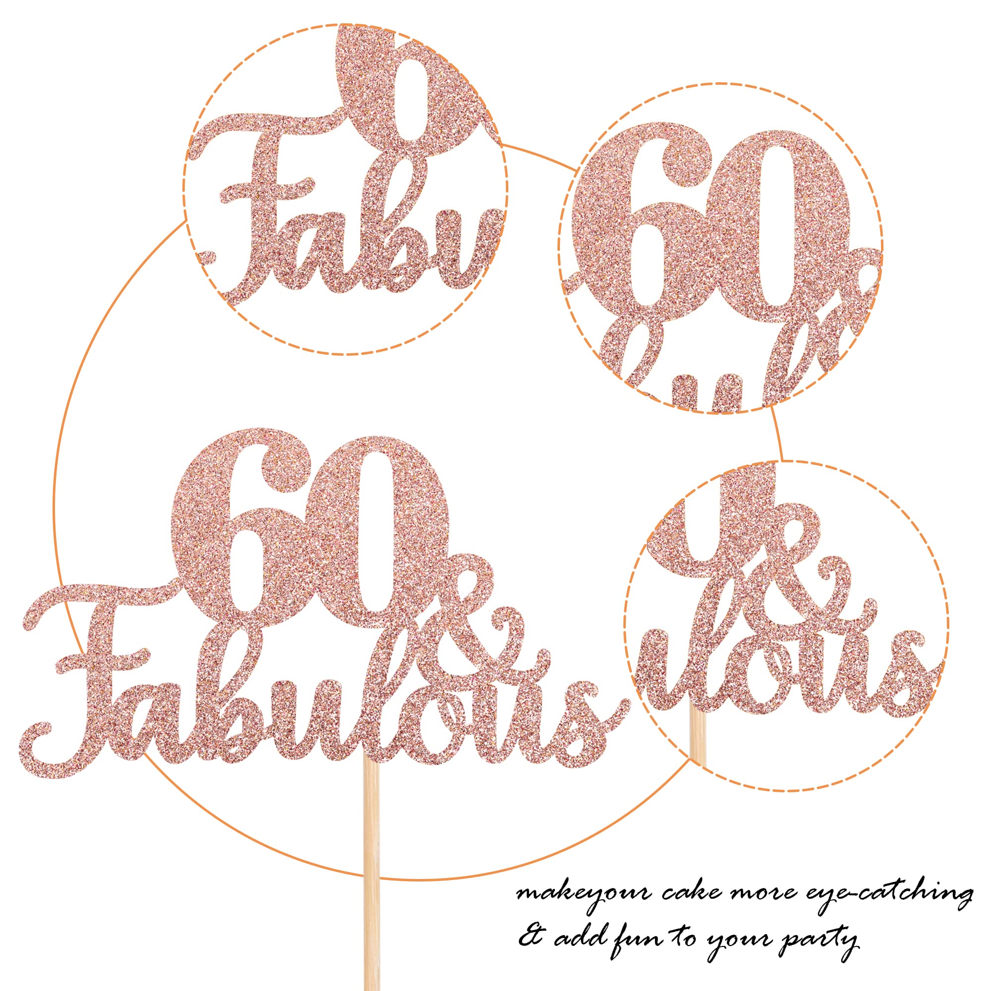 1 PCS 60 & Fabulous Cake Topper Glitter Sixty and Fabulous Cake Toppers Happy 60th Birthday Cake Pick for 60th Wedding Anniversary Birthday Party Cake Decorations Supplies Rose Gold