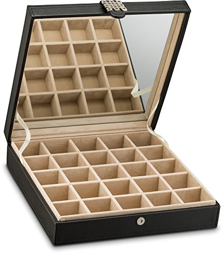 Glenor Co Earring Organizer - Classic 25 Section Jewelry Box/Case/Holder for Earrings, Rings, Necklaces, Jewelry, Cufflinks or Collections. 25 Small Compartments with Elegant Large Mirror - Black