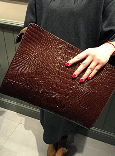 Mily Fashion Crocodile Pattern Oversize Leather Envelope Clutch Ladies Portfolio Evening Handbag Brown