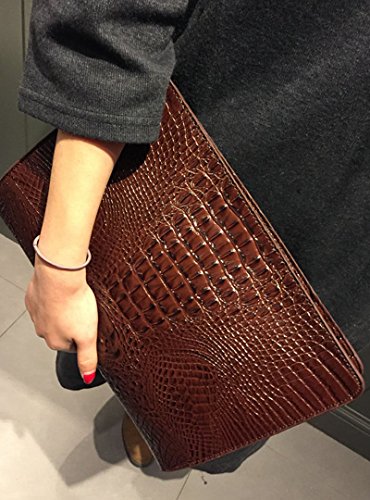 Mily Fashion Crocodile Pattern Oversize Leather Envelope Clutch Ladies Portfolio Evening Handbag Brown