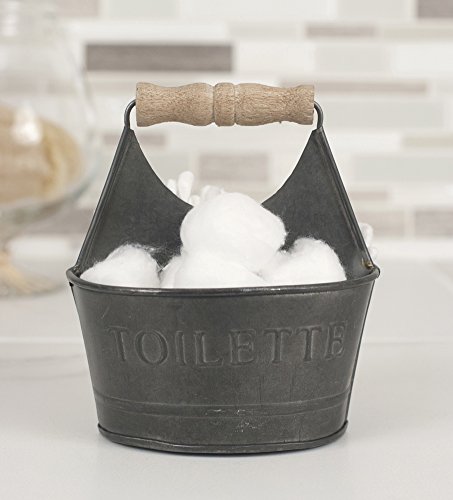 CTW Home Collection Gray Colonial Tin Works Small Toiletries Bathroom Caddy 450156 Metal with Wooden Handle and Toilette on Front Rustic Farmhouse