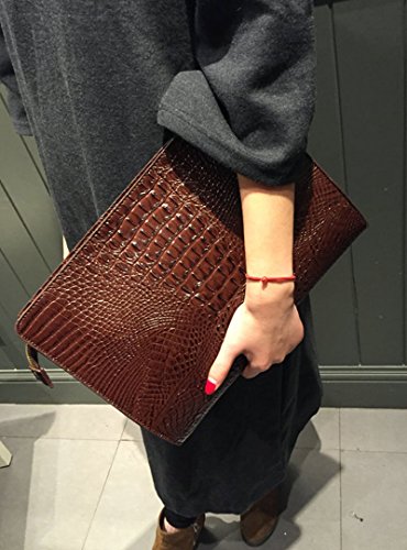 Mily Fashion Crocodile Pattern Oversize Leather Envelope Clutch Ladies Portfolio Evening Handbag Brown