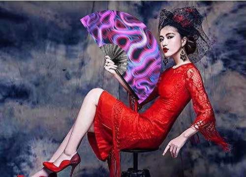 Leehome Large Rave Folding Hand Fan for Women/Men,Chinese/Japanese with Bamboo and Nylon-Cloth Handheld Fan,for Performance,Decorations, Dance,Festival Party,Gift (C03)