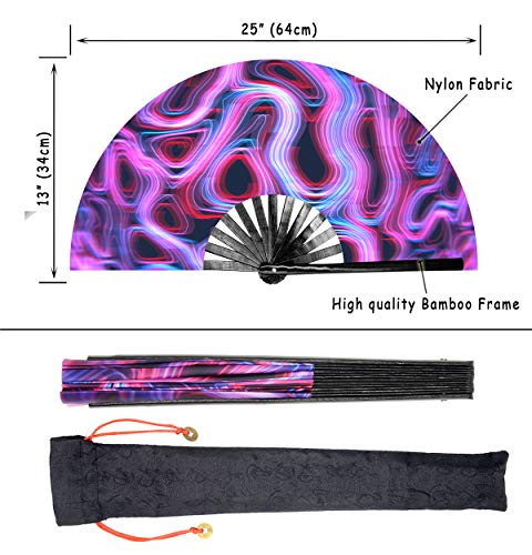 Leehome Large Rave Folding Hand Fan for Women/Men,Chinese/Japanese with Bamboo and Nylon-Cloth Handheld Fan,for Performance,Decorations, Dance,Festival Party,Gift (C03)