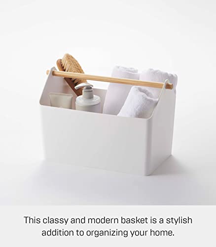 YAMAZAKI Home Storage Organizer/Cleaning Caddy/Storage Basket With Handle, Plastic + Wood, Handle, No Assembly Req.