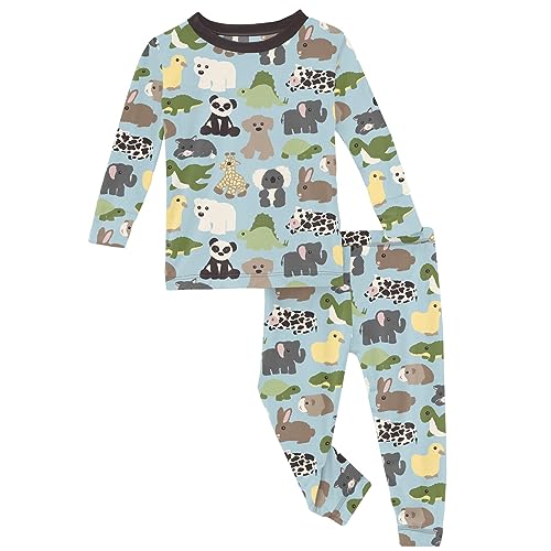 KicKee Print Long Sleeve Pajama Set, Ultra Soft and Snug Fitting PJs, Matching Top and Bottom Sleepwear Set, Newborn to Baby to Kid Pajamas (Spring Sky Too Many Stuffies - 4T)