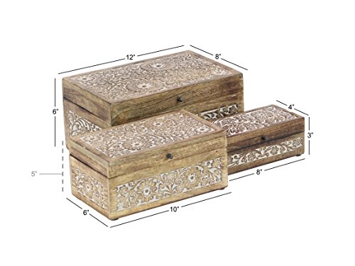 Deco 79 Mango Wood Floral Box with Hinged Lid, Set of 3 8", 10", 12"W, Brown