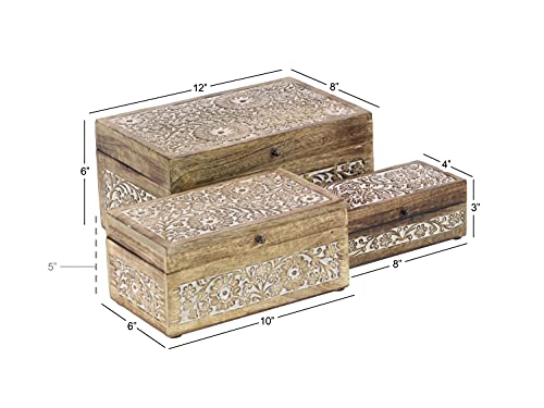 Deco 79 Mango Wood Floral Box with Hinged Lid, Set of 3 8", 10", 12"W, Brown