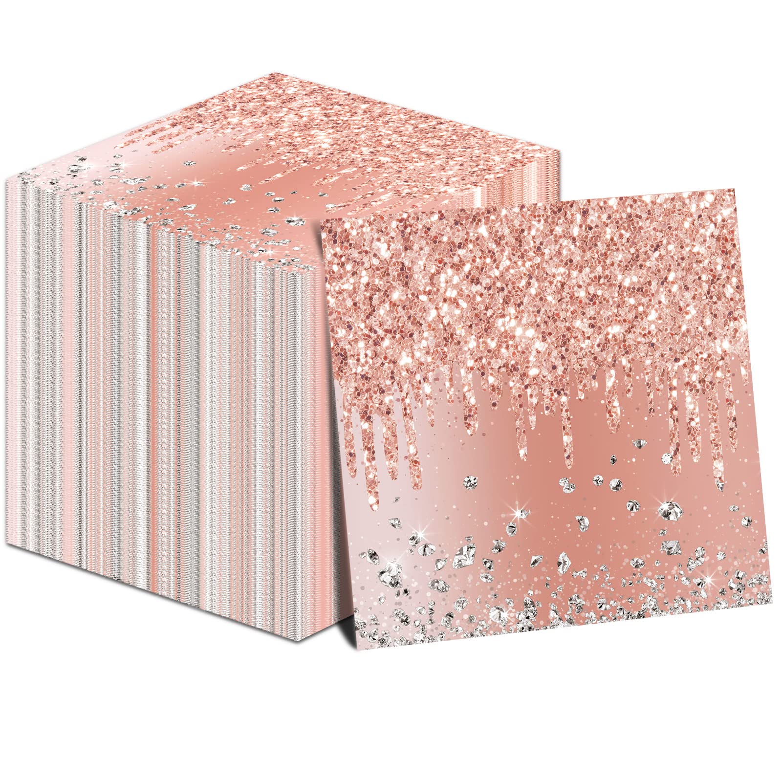 100 Pieces Rose Gold Birthday Napkins Pink Gold Birthday Party Decorations Supplies Pink Rose Gold Paper Disposable Napkin for Girls Women Diamond Theme Party Pink Rose Anniversary Wedding Party Favor