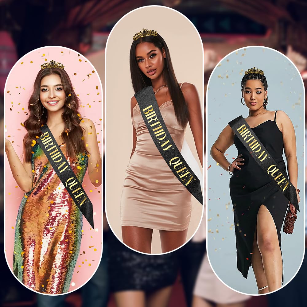 Black Birthday Celebration Set: Sash, Tiara, Headband, and Gold-Accented Decorations for Women