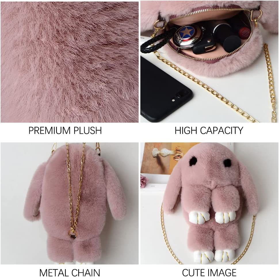 YUNPLAN Faux Rabbit Fur Crossbody Shoulder Bag, Stuffed Animal Backpack for School Girls, Cute Cartoon Bag Cosplay Shoulder Bag