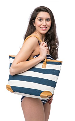 AIREE FAIREE Tote Bag Canvas Beach Bag Striped Summer Nautical Shopper for Ladies size 18" x 12" x 5"