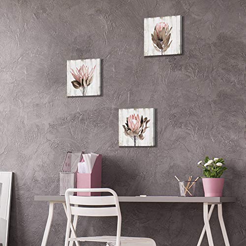 UTOP-art Pink Floral Picture Wall Art: Protea Flowers Artwork Print on Wooden Textured Canvas Art for Bathroom (12'' x 12'' x 3 Panels)