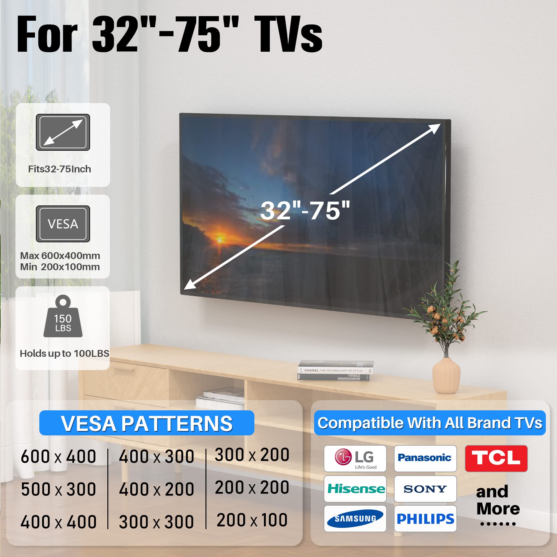 No Stud TV Wall Mount for 32-75 Inch TVs, Drywall Studless TV Wall Mount, TVs Drywall Mounting Load Up to 150 Lbs, Low Profile, VESA 100x100mm to 600x400mm, Easy to Install