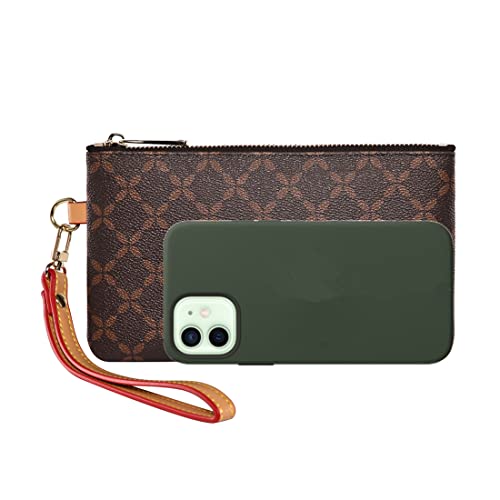 Luxury Wristlet Clutch Bag | Small Zip Pouch Bag w. Card Slots | Classic Phone Purse Wallet for Men Women - Coated Canvas (Brown)