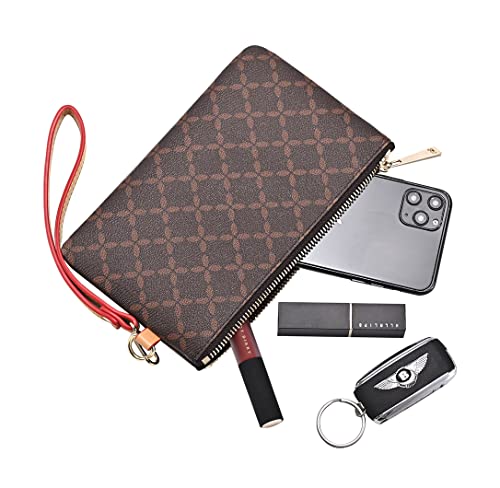 Luxury Wristlet Clutch Bag | Small Zip Pouch Bag w. Card Slots | Classic Phone Purse Wallet for Men Women - Coated Canvas (Brown)