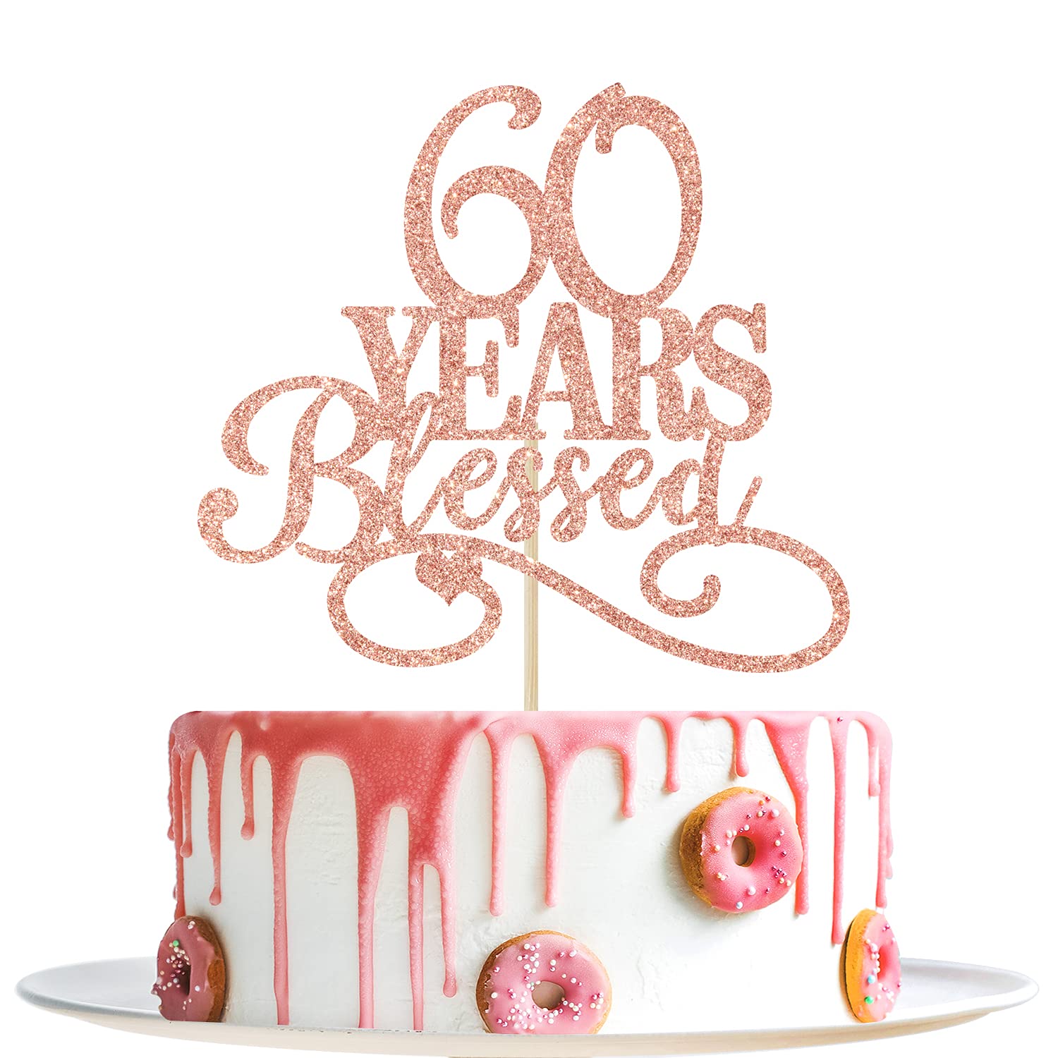YotaWish Rose Gold Glitter 60 Years Blessed Cake Topper - 60 Years Loved, Cheers to 60 Years, 60th Anniversary Birthday Decoration Supplies