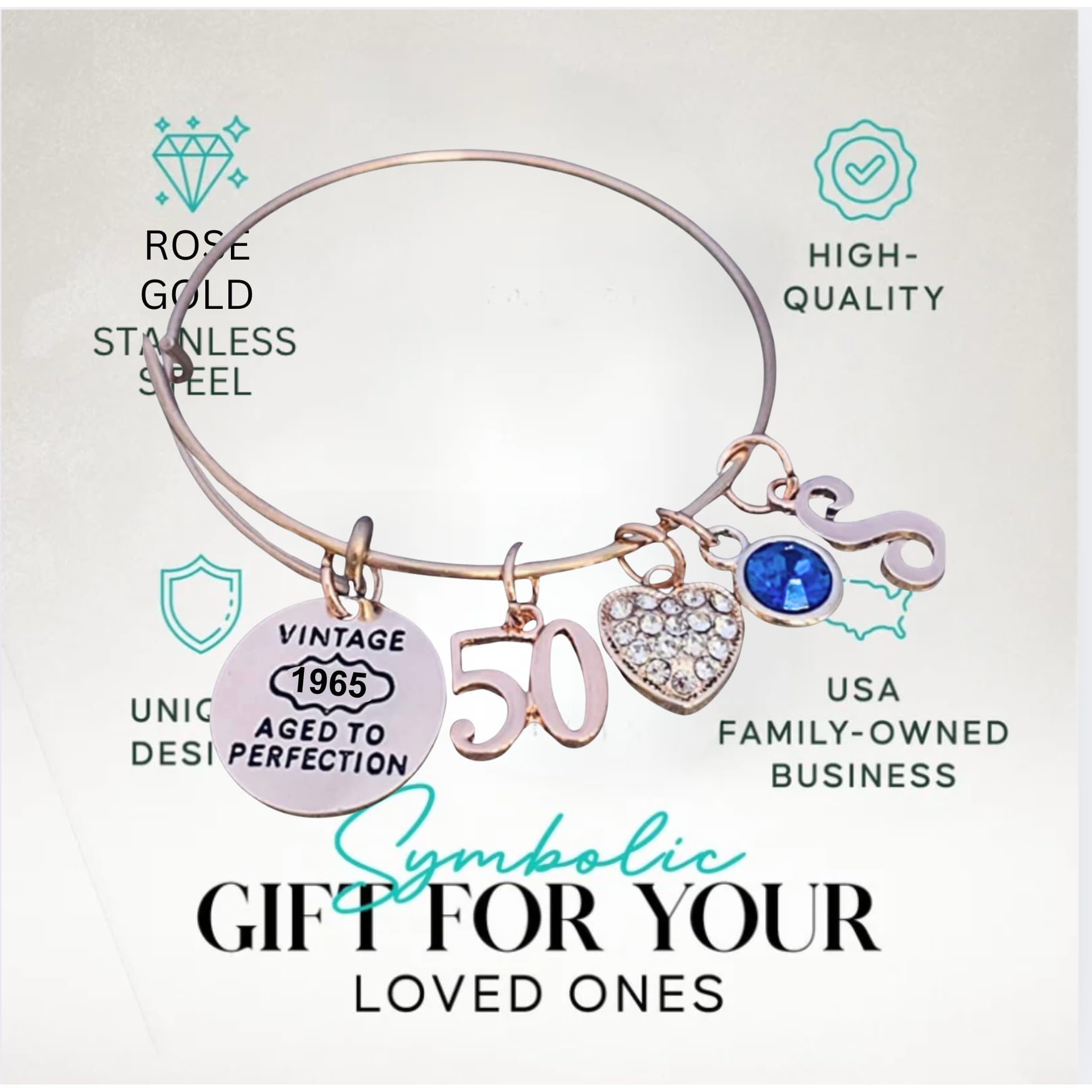 Personalized 60th Birthday Birthstone Charm Bracelet β Vintage 1965 Aged to Perfection Rose Gold Bangle β Elegant Gift for Women