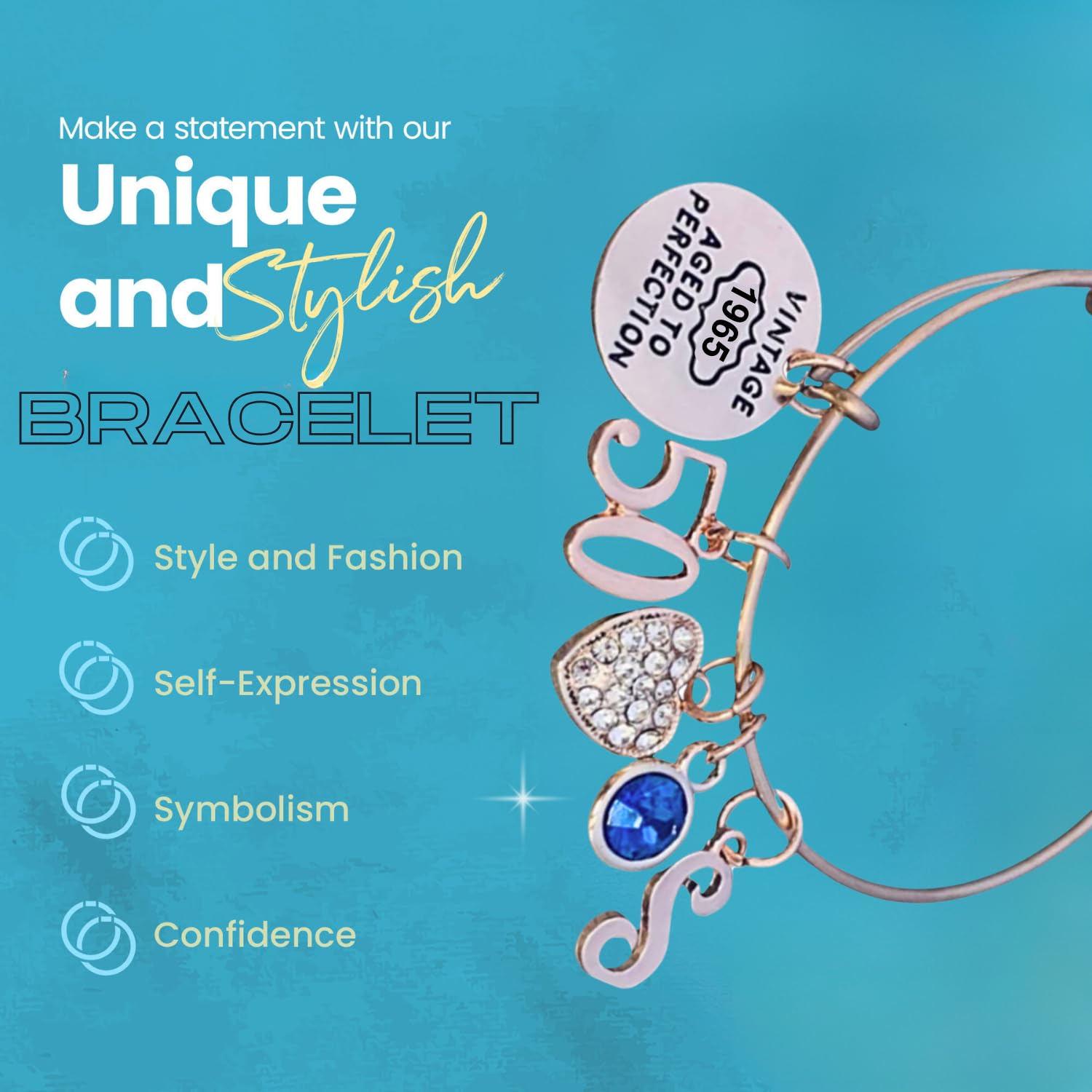 Personalized 60th Birthday Birthstone Charm Bracelet β Vintage 1965 Aged to Perfection Rose Gold Bangle β Elegant Gift for Women