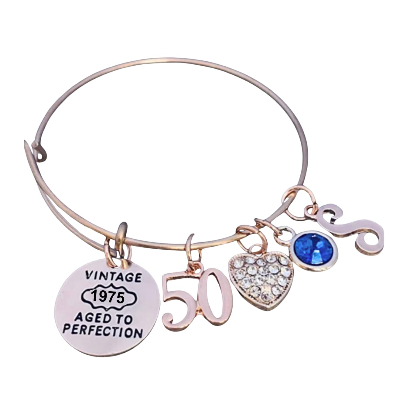 Personalized 60th Birthday Birthstone Charm Bracelet – Vintage 1965 Aged to Perfection Rose Gold Bangle – Elegant Gift for Women