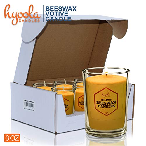 Pure Beeswax Votive Candles, 6 Pack – Yellow Unscented Decorative Candle for Party Centerpieces, Home Decor and Dinner Parties – Long Lasting Burn Time, Clear Glass Cup, 3 oz – by Hyoola