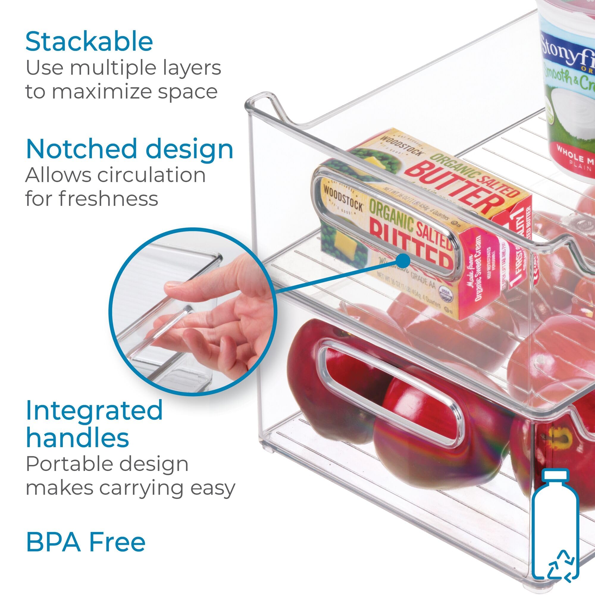 iDesign B00TFDFS6E Plastic Fridge and Freezer Storage Organizer Bin With Handles, Clear Bin for Food, Drinks, Produce Organization, BPA-Free , 14.5" x 5" x 5", Set of 2, Clear