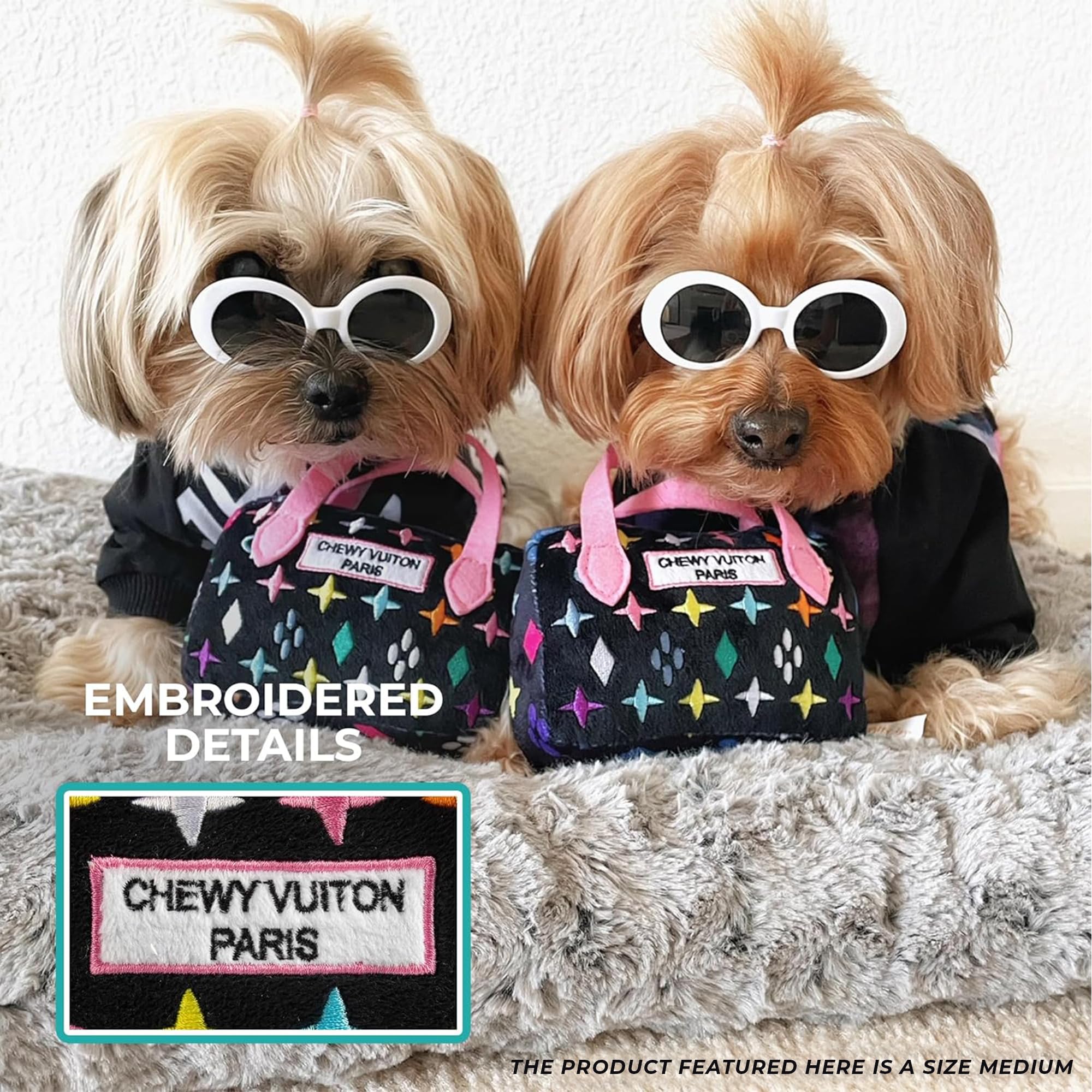 Haute Diggity Dog Black Monogram Chewy Vuiton Handbag, Plush Designer Dog Toys with Interactive Squeaker, Stimulating Pet Enrichment, Machine-Washable & Safe Materials for All Breeds, Size Small