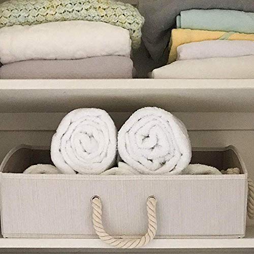BeigeSwan Large Storage Bins [set of 3] Trapezoid Collapsible Organizer Boxes Baskets with Cotton Rope Handle - 19.7 x 11.2 x 8.3 inches (Beige)