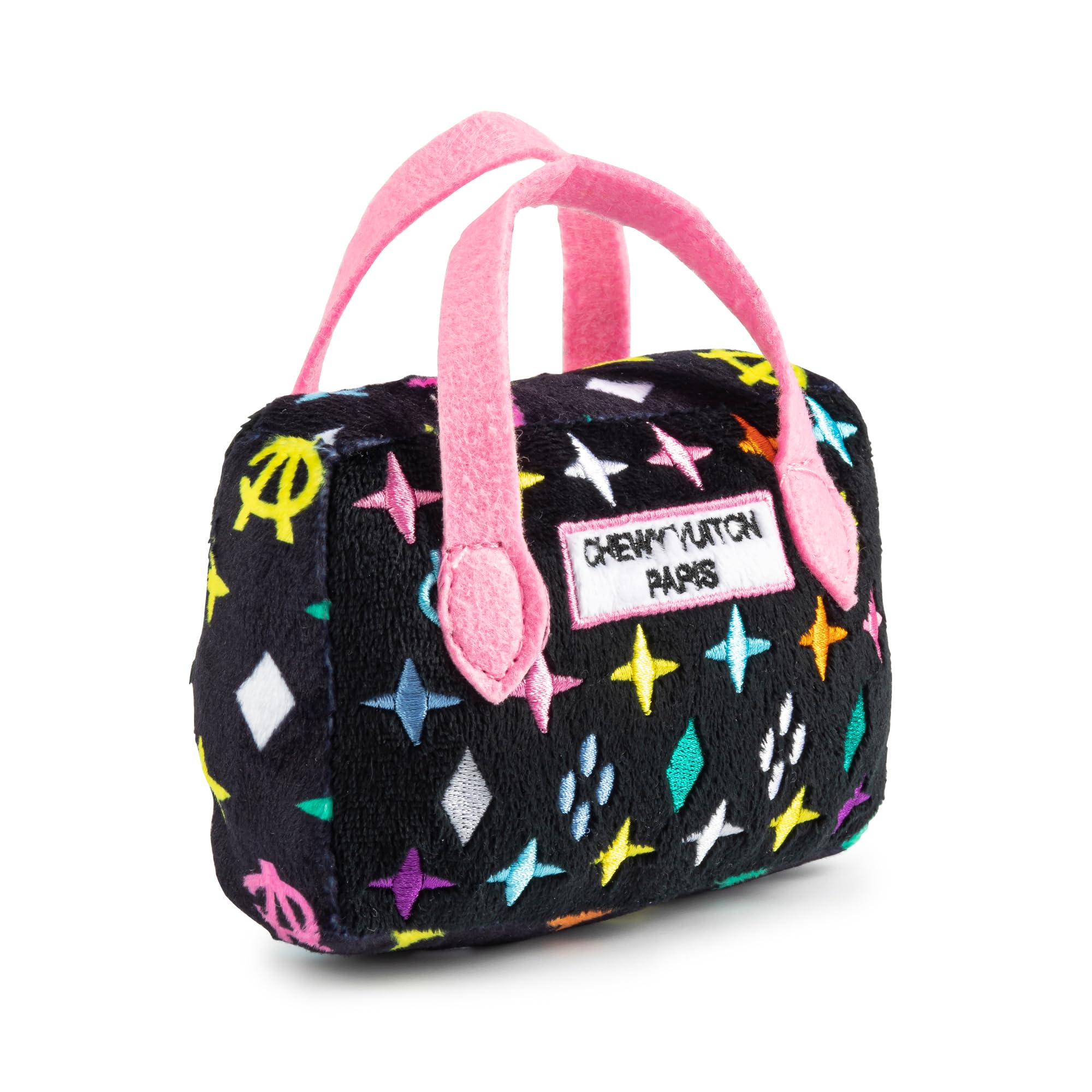 Haute Diggity Dog Black Monogram Chewy Vuiton Handbag, Plush Designer Dog Toys with Interactive Squeaker, Stimulating Pet Enrichment, Machine-Washable & Safe Materials for All Breeds, Size Small