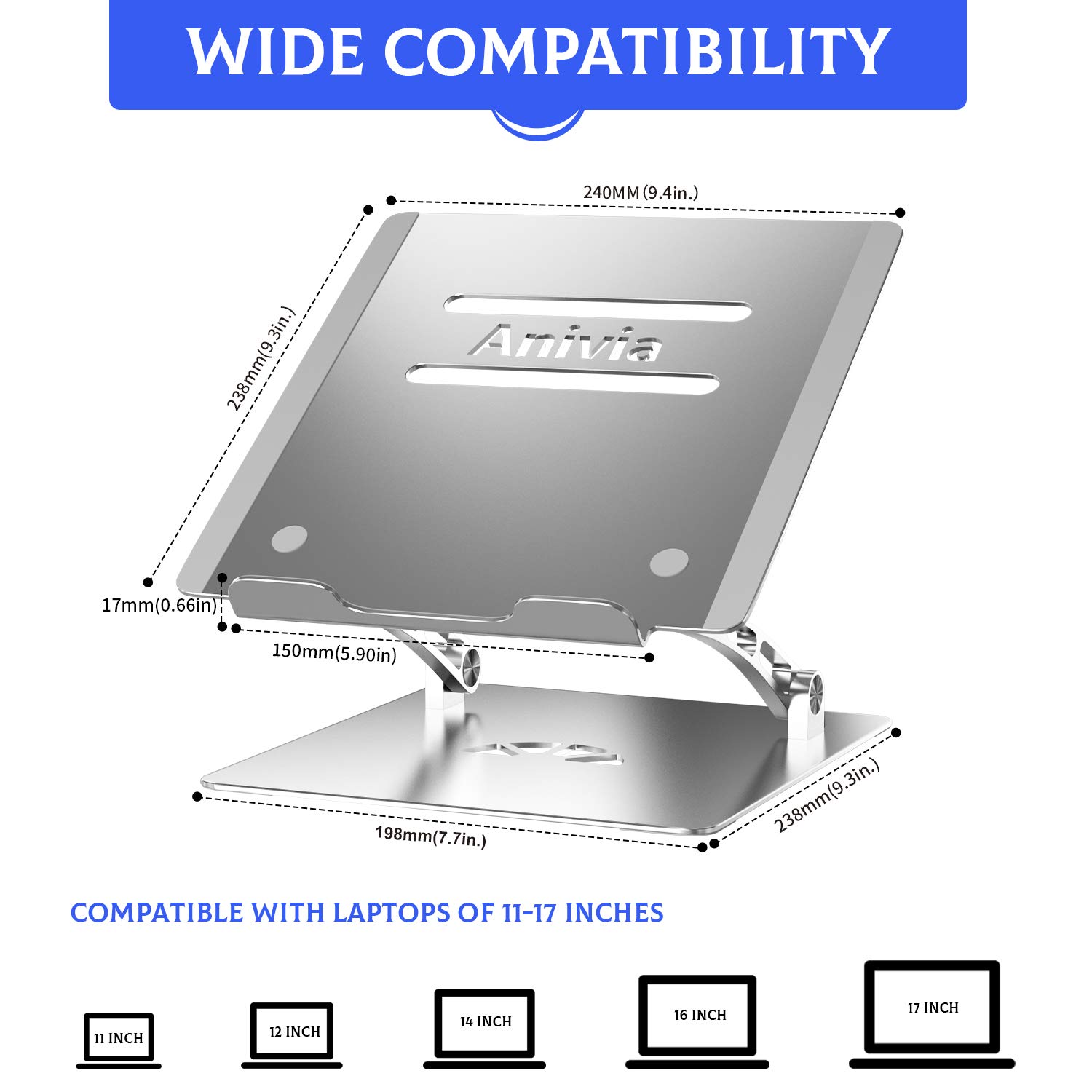 Anivia Laptop Stand,Adjustable Laptop Computer Stand Portable Foldable Laptop Riser Metal Holder Compatible with 10 to 17 Inches Notebook Computer, Silver