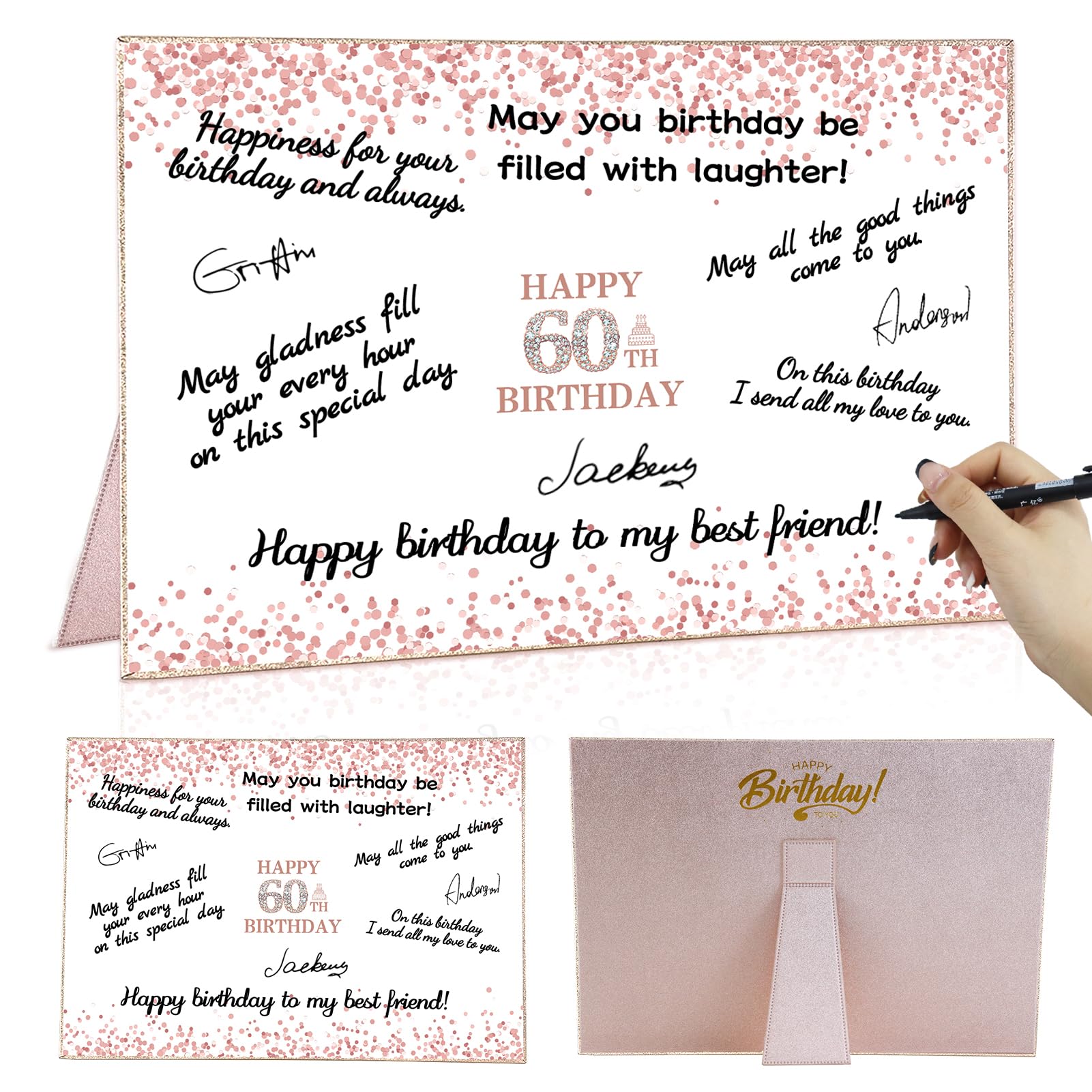 Holkcog Rose Gold 60th Birthday Decorations, Happy 60th Birthday Signature Board, Pink 60th Birthday Card Guest Book Alternative, 60th Birthday Gifts for Women, 60 Years Old Birthday Party Supplies