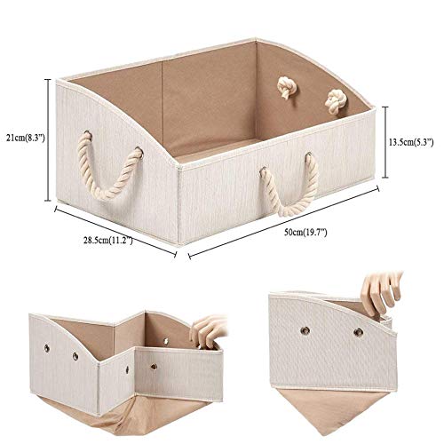 BeigeSwan Large Storage Bins [set of 3] Trapezoid Collapsible Organizer Boxes Baskets with Cotton Rope Handle - 19.7 x 11.2 x 8.3 inches (Beige)