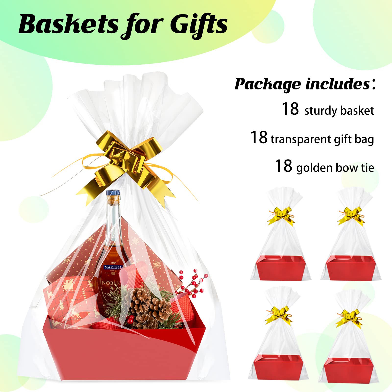 54 Pcs Gift Basket Set Includes 18 DIY Empty Gift Basket 9.8 x 8.5 x 3.5 Inches Food Storage Basket with Handles, 18 Bags and 18 Bows for Holiday, Wedding, Birthday Party Gift Wrapping (Kraft)