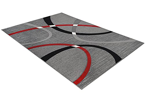 Allstar 5x7 Modern Accent Rug in Grey with Red Abstract Overlapping Curve Design (5' 2" x 7' 0")