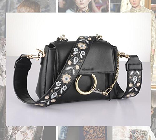 Embroidery Flowers Genuine Leather Handbags Strap HandBag Straps Replacement Shoulder Bag Straps (Black-01)