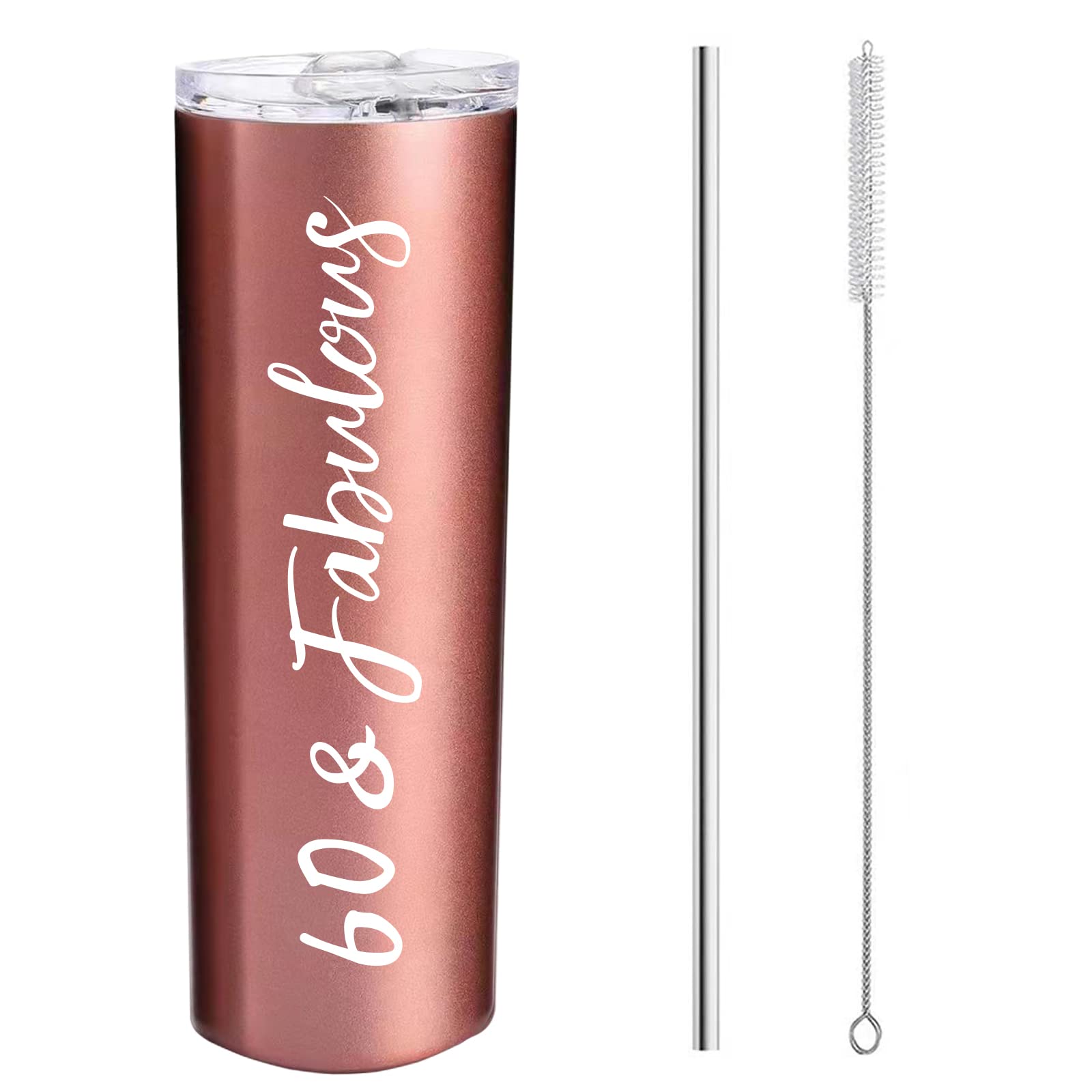 BRT Bearingshui 60th & Fabulous Stainless Steel Tumbler Cup Rose Gold 20 Oz, 60 Birthday Party Decorations Supplies Present, 60 Birthday Gifts Idea for Girl, Gifts for 60 Years Old Girl