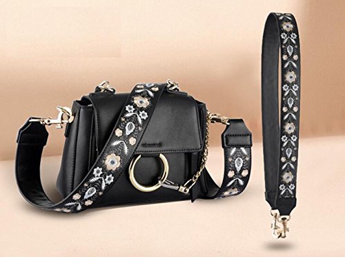 Embroidery Flowers Genuine Leather Handbags Strap HandBag Straps Replacement Shoulder Bag Straps (Black-01)
