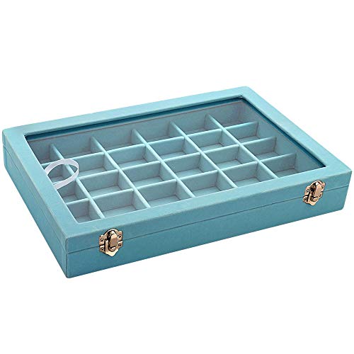 Sky Piea 30 Grid Velvet Glass Jewelry Box Jewellery Organiser Earring Ring Storage Holder Case Box (Sky Blue)