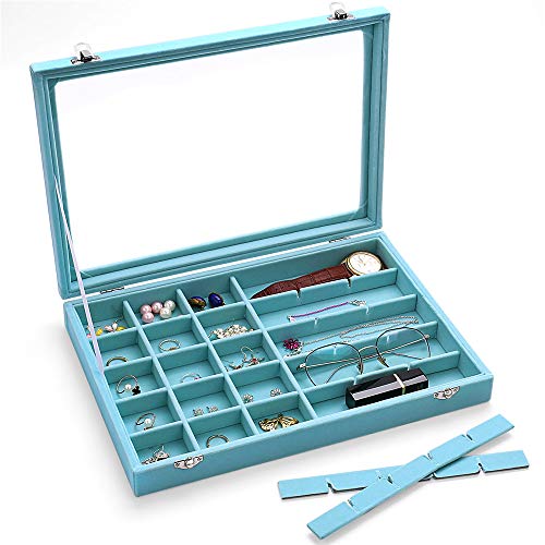 Sky Piea 30 Grid Velvet Glass Jewelry Box Jewellery Organiser Earring Ring Storage Holder Case Box (Sky Blue)