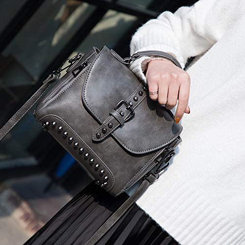 Mn&Sue Women Rivet Studded Crossbody Bag Vintage Top Handle Satchel Motorcycle Style Shoulder Messenger Purse for Lady (#1 Dark Grey)