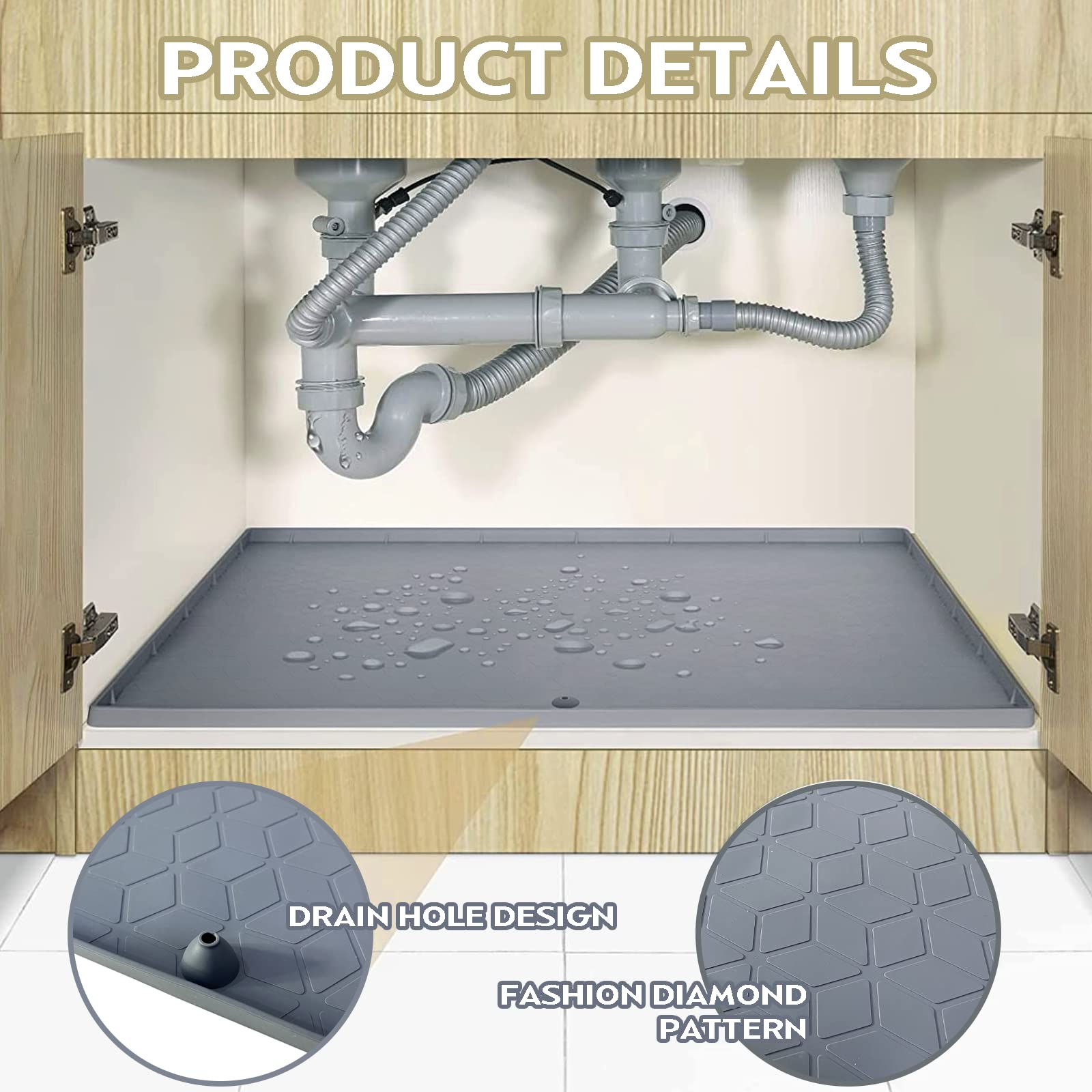 Under Sink Mat, 34" x 22" Under Sink Drip Trays for Kitchen Waterproof, Silicone Under Kitchen Sink Mats with Unique Drain Hole, Under Sink Liner for Kitchen Bathroom (Gray)