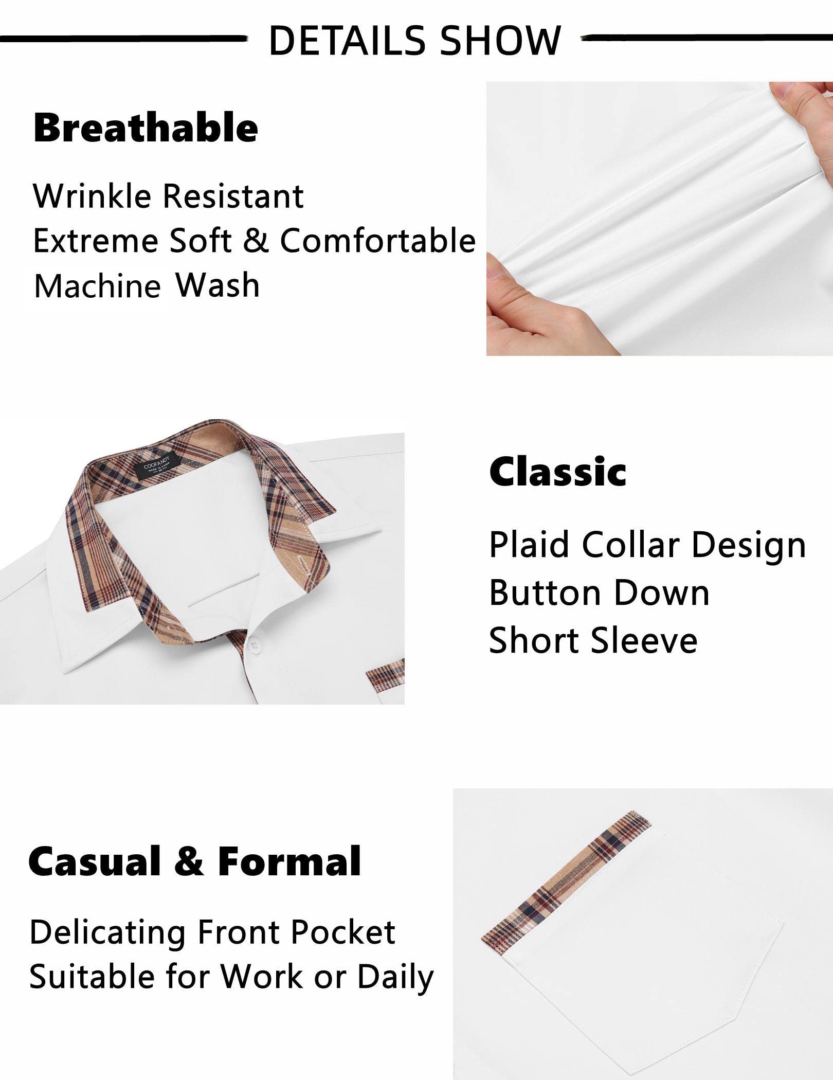COOFANDY Men's Slim Fit Dress Shirt Short Sleeve Business Casual Shirts White
