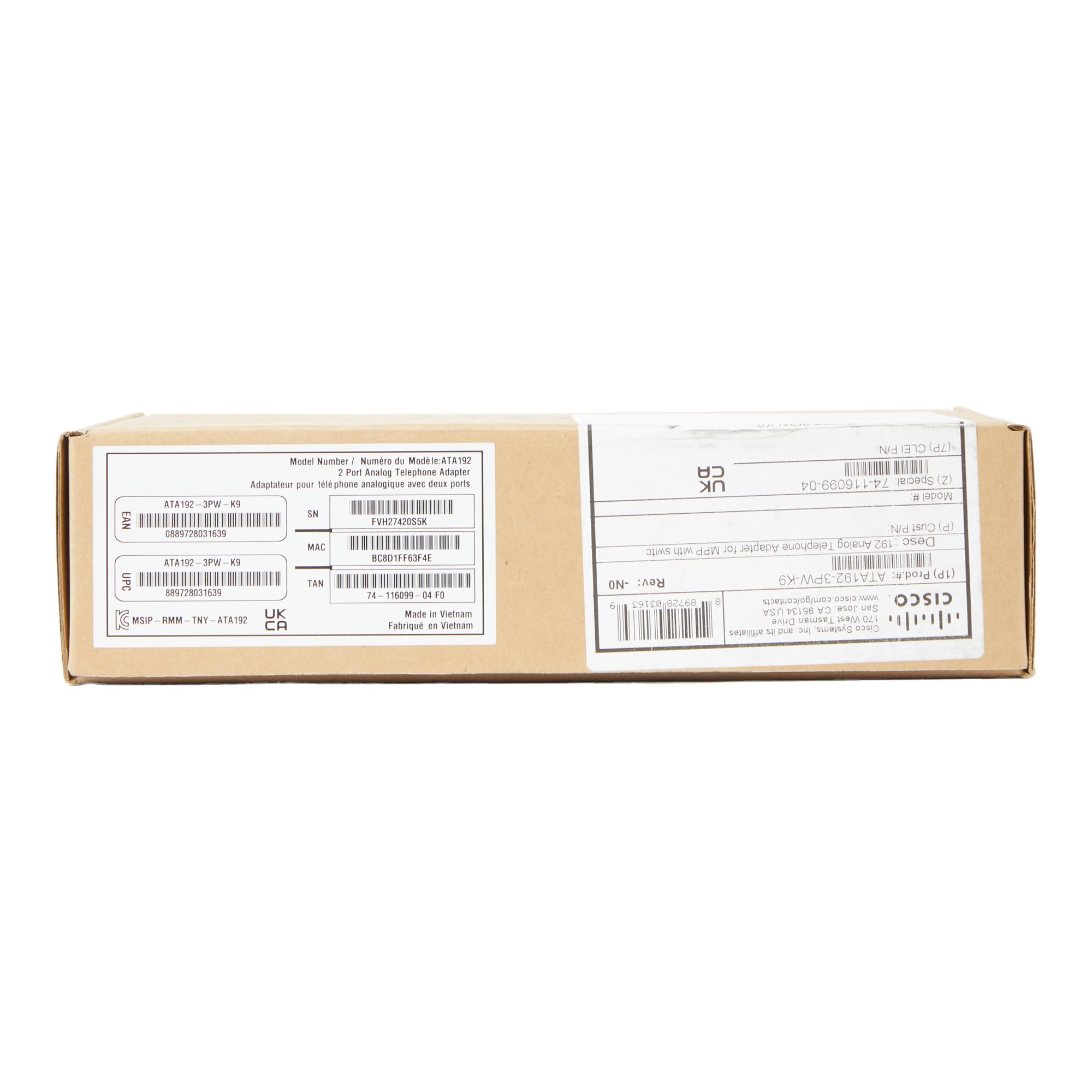 Cisco ATA 192 Multiplatform Analog Telephone Adapter, 2-Port Handset-to-Ethernet Adapter, 1-Year Limited Hardware Warranty (ATA192-3PW-K9)