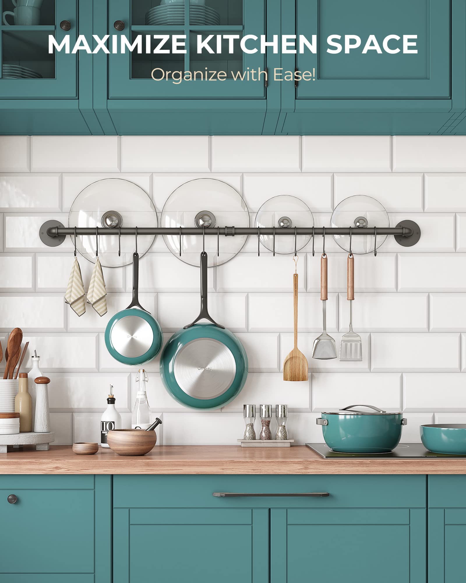 OROPY 39 inch Pot Bar Rack Wall Mounted Detachable Pans Hanging Rail Kitchen Lids Utensils Hanger with 14 S Hooks Black