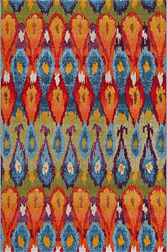 Unique Loom Modern Collection Abstract, Ikat, Distressed, Colorful, Vintage, Indoor and Outdoor Area Rug, 5 ft 3 in x 8 ft, Multi/Blue