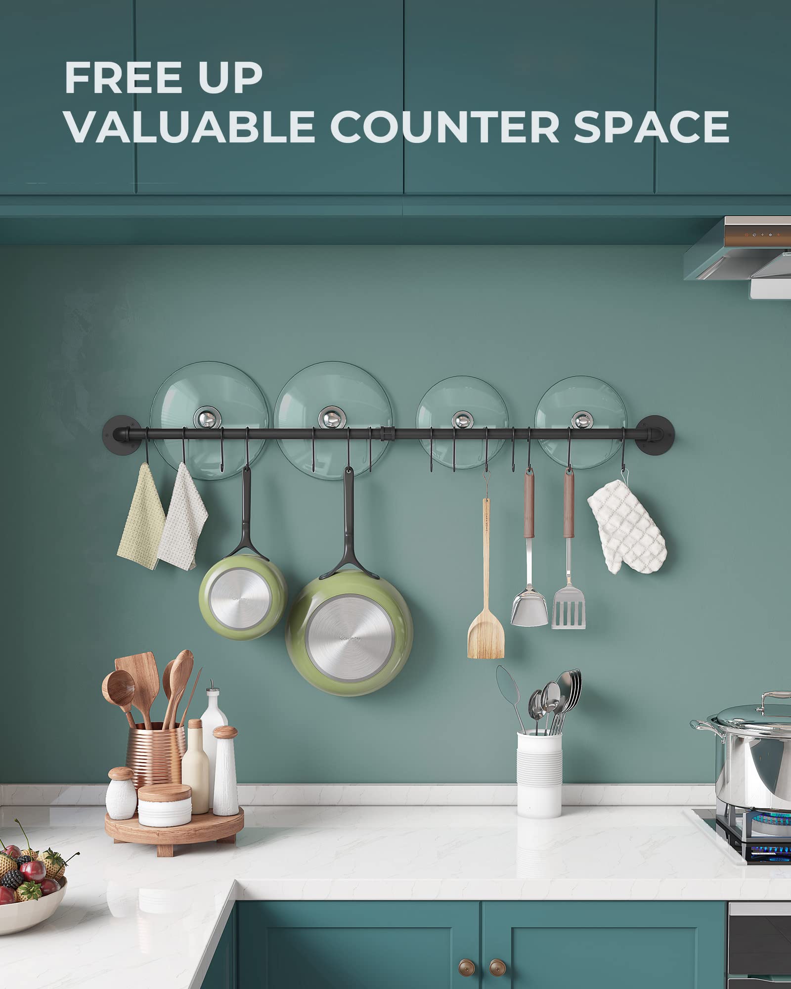 OROPY 39 inch Pot Bar Rack Wall Mounted Detachable Pans Hanging Rail Kitchen Lids Utensils Hanger with 14 S Hooks Black