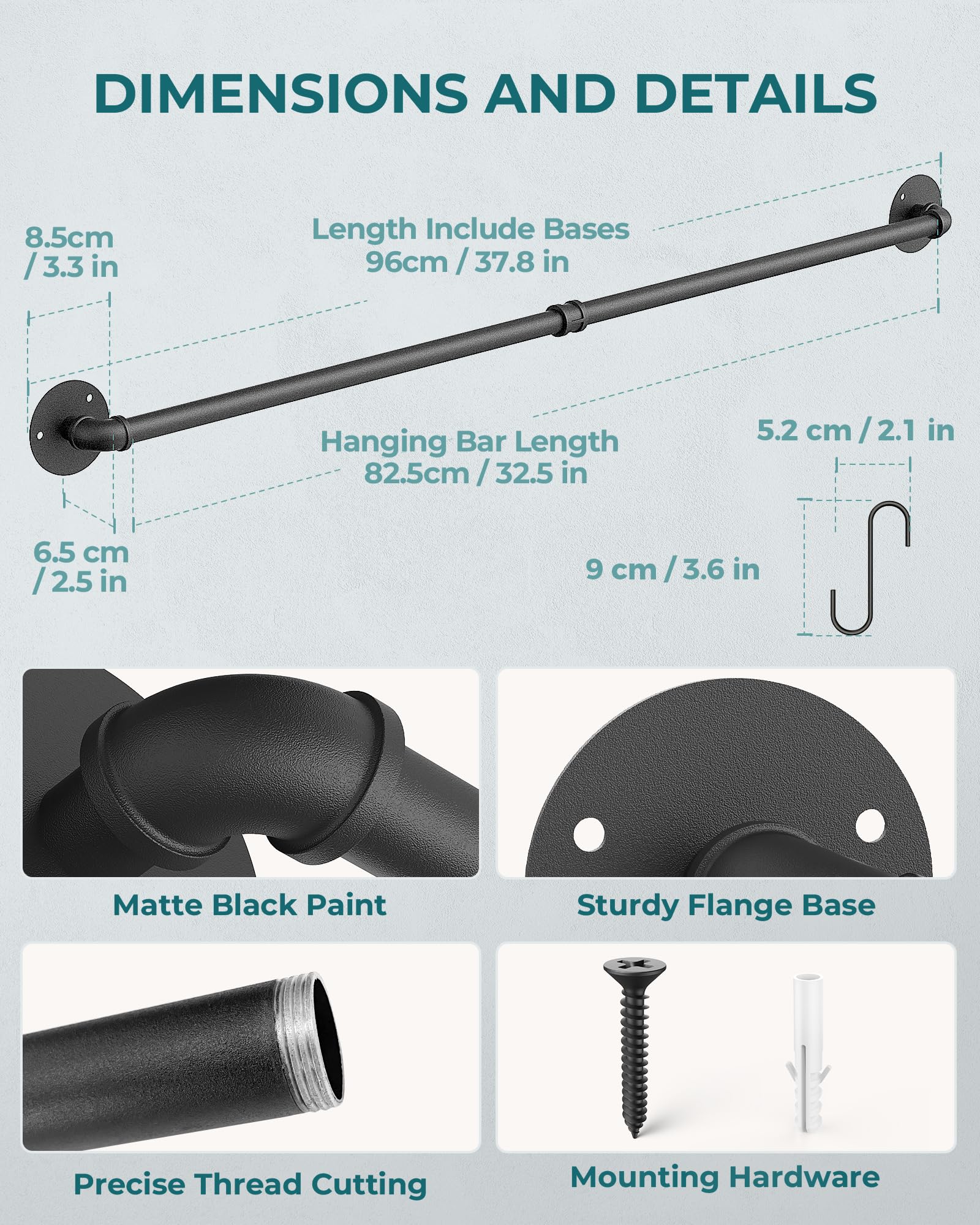 OROPY 39 inch Pot Bar Rack Wall Mounted Detachable Pans Hanging Rail Kitchen Lids Utensils Hanger with 14 S Hooks Black