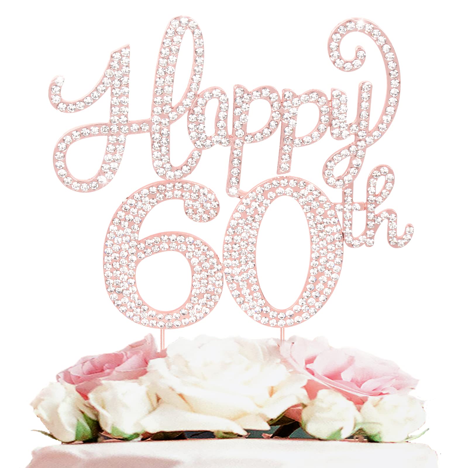 Happy 60th Birthday Rose Gold Rhinestone Cake Topper - 60th Birthday/Anniversary,Cheers to Sixty Years Old Bday Party Metal Sparkly Centerpieces Decorations.