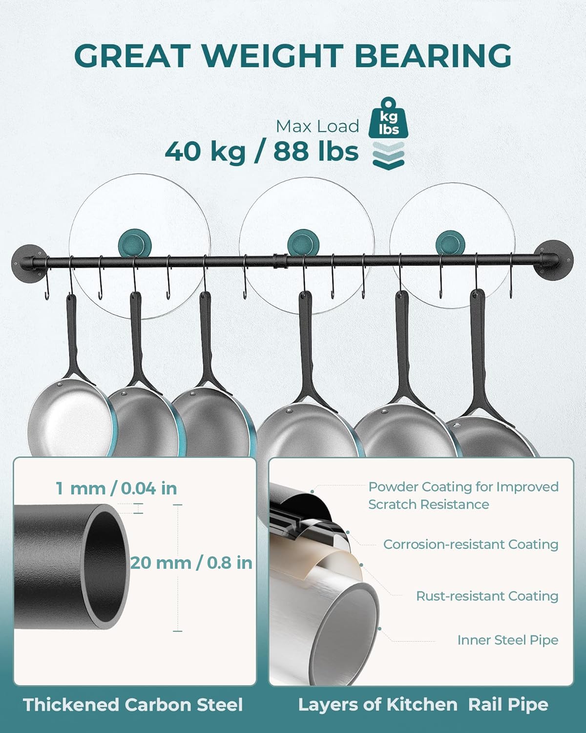 OROPY 39 inch Pot Bar Rack Wall Mounted Detachable Pans Hanging Rail Kitchen Lids Utensils Hanger with 14 S Hooks Black