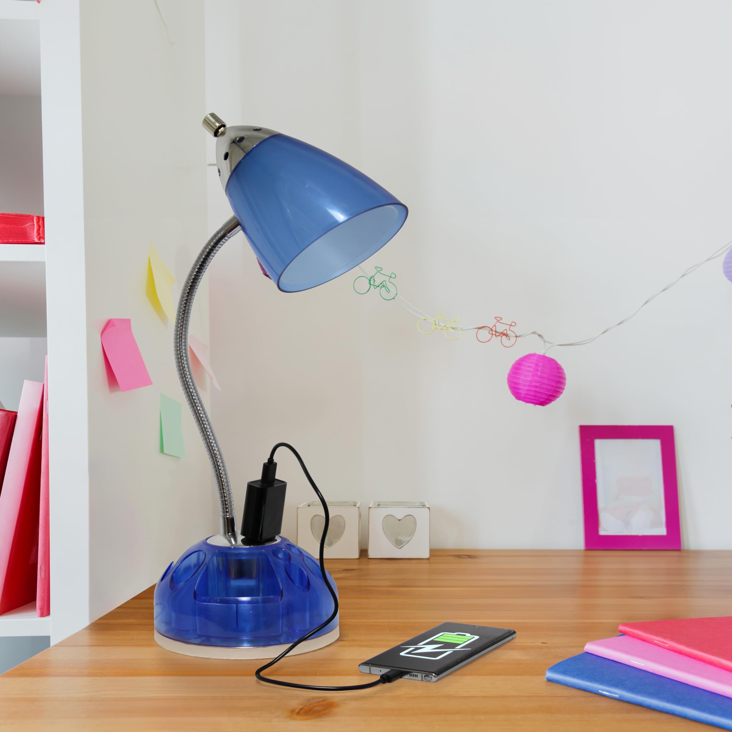 Limelights LD1015-CBL Flossy Organizer Desk Lamp with Charging Outlet Lazy Susan Base, Clear Blue 18.50 x 6.40 x 6.40 inches